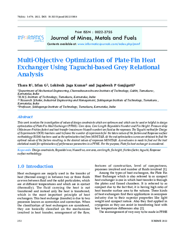 (PDF) Multi-Objective Optimization of Plate-Fin Heat Exchanger Using Taguchi-based Grey ...