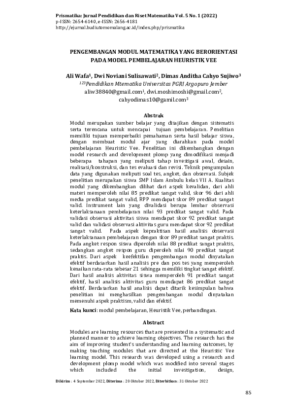 (PDF) Pengembangan Modul Matematika Yang Berorientasi Pada Model Pembelajaran Heuristik Vee