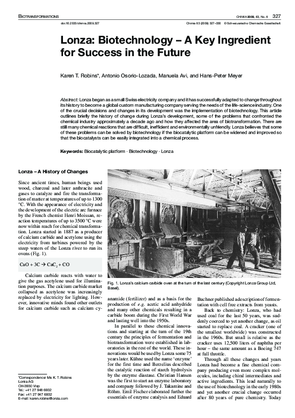 (PDF) Lonza: Biotechnology – A Key Ingredient for Success in the Future