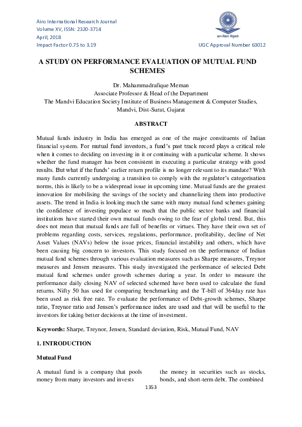 (PDF) A STUDY ON PERFORMANCE EVALUATION OF MUTUAL FUND SCHEMES