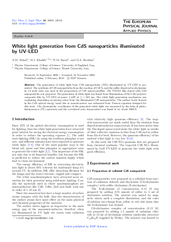 (PDF) White light generation from CdS nanoparticles illuminated by UV-LED