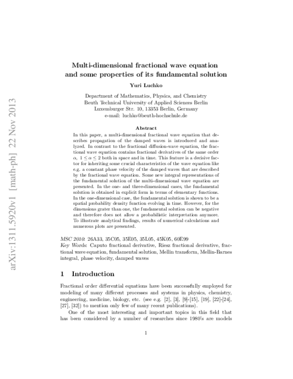 (PDF) Multi-dimensional fractional wave equation and some properties of its fundamental solution