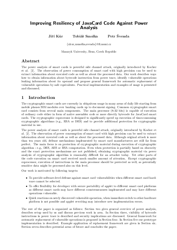 (PDF) Improving resiliency of javacard code against power analysis