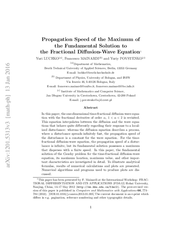 (PDF) Propagation speed of the maximum of the fundamental solution to ...