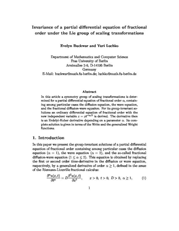 (PDF) Invariance of a Partial Differential Equation of Fractional Order under the Lie Group of ...