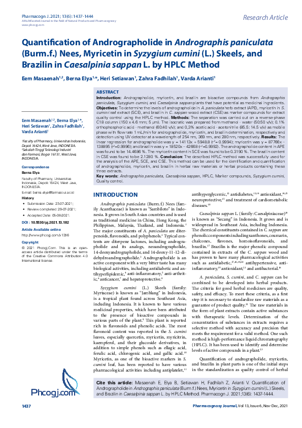 (PDF) Quantification of Andrographolide in Andrographis paniculata (Burm.f.) Nees, Myricetin in ...