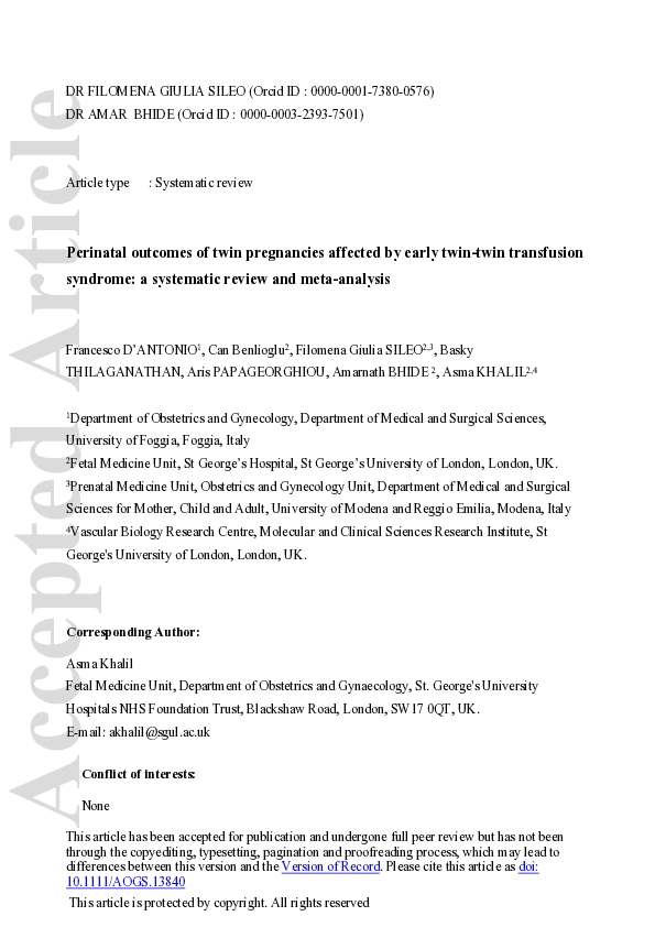 Pdf Perinatal Outcomes Of Twin Pregnancies Affected By Early Twin