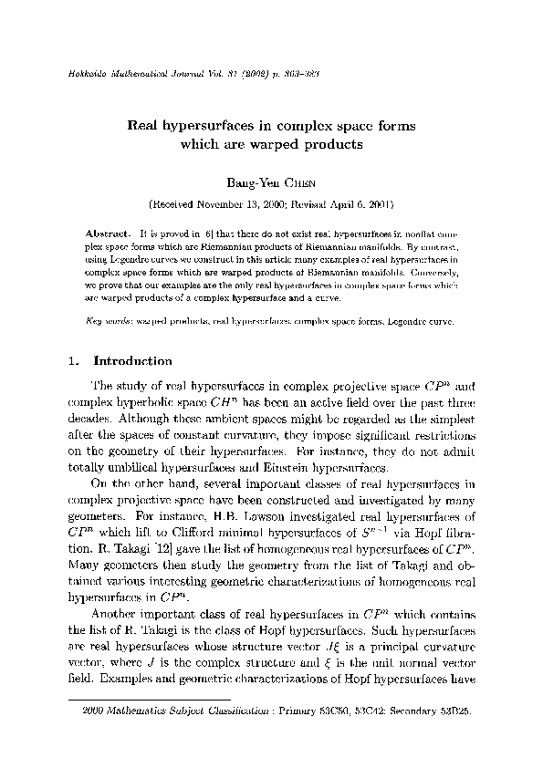 Pdf Real Hypersurfaces In Complex Space Forms Which Are Warped Products Bang Yen Chen