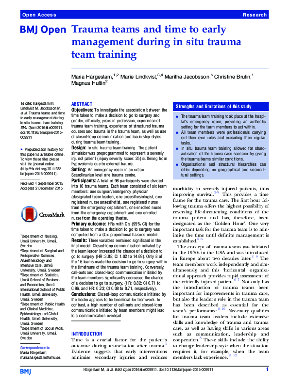 (PDF) Trauma teams and time to early management during in situ trauma ...