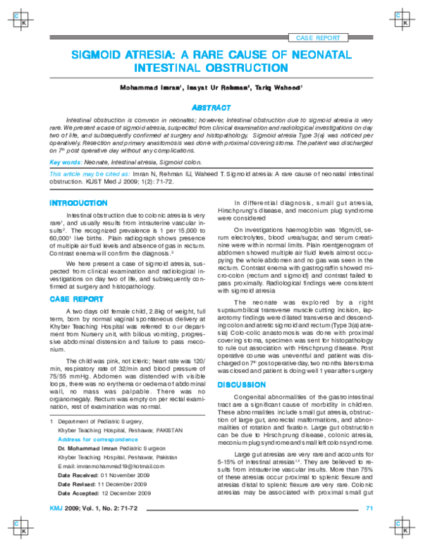 (PDF) Sigmoid Atresia: A rare cause of neonatal intestinal obstruction