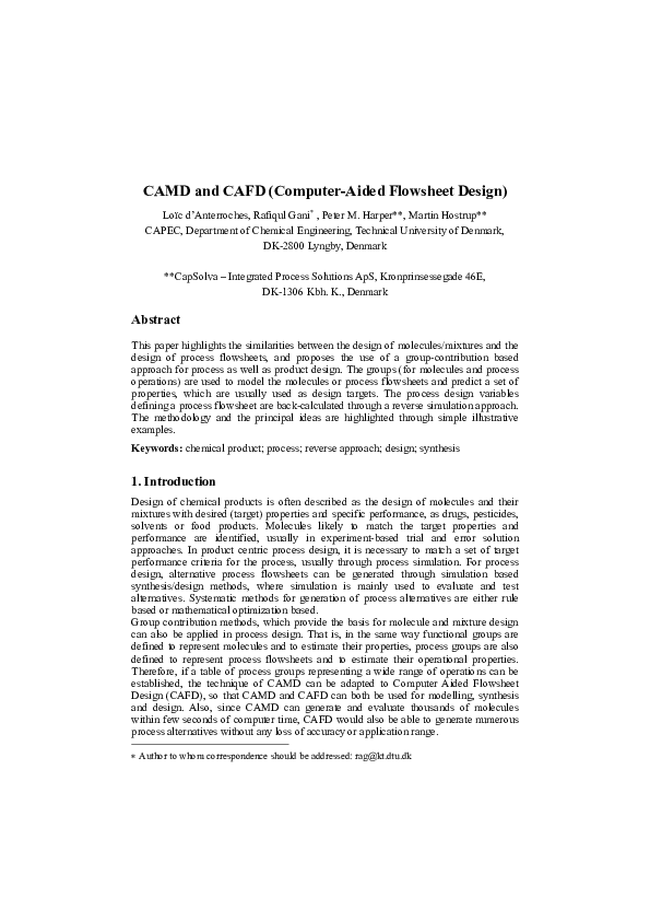 Pdf Camd And Cafd Computer Aided Flowsheet Design