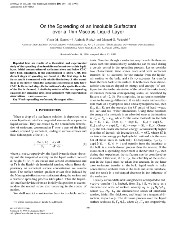 (PDF) On the Spreading of an Insoluble Surfactant over a Thin Viscous ...