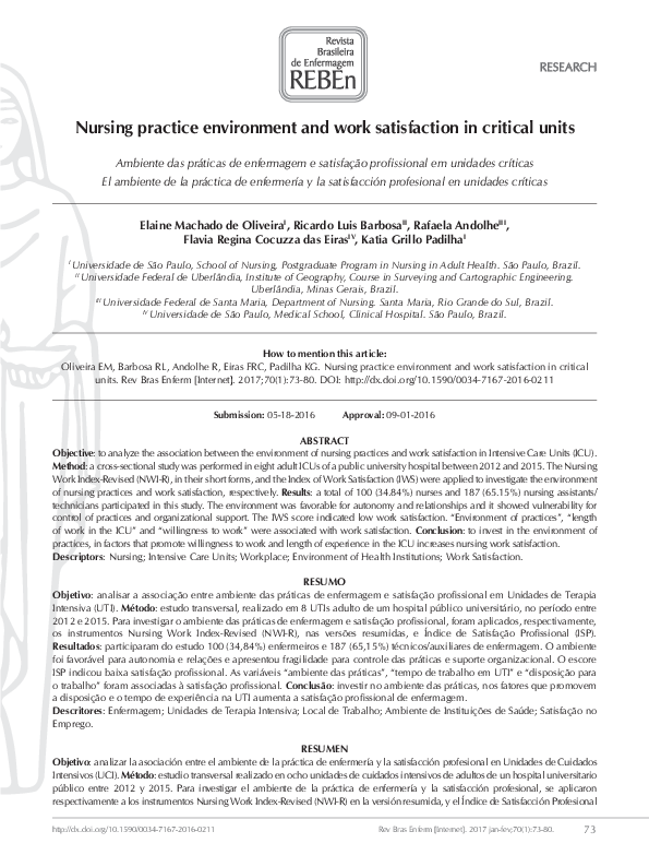 (PDF) Nursing practice environment and work satisfaction in critical units