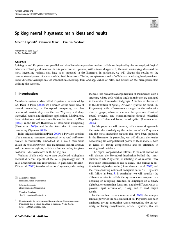 (PDF) Spiking neural P systems: main ideas and results