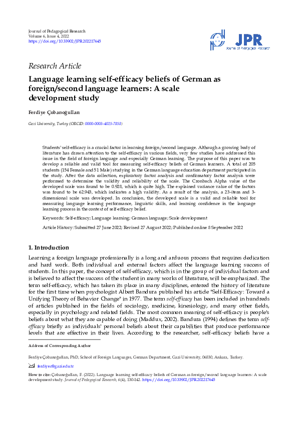 (PDF) Language learning self-efficacy beliefs of German as foreign/second language learners: A ...