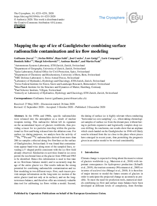 (PDF) Mapping the age of ice of Gauligletscher combining surface radionuclide contamination and ...