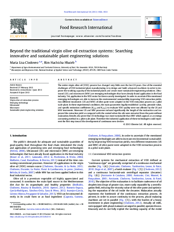 (PDF) Beyond the traditional virgin olive oil extraction systems ...