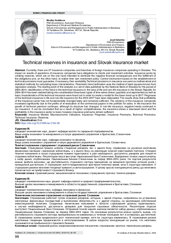 (PDF) Technical reserves in insurance and Slovak insurance market