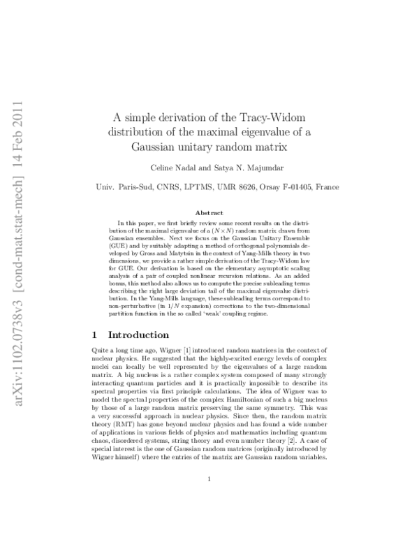 Pdf A Simple Derivation Of The Tracy Widom Distribution Of The