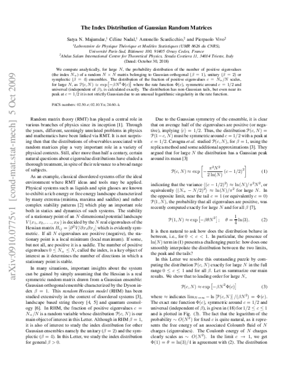 Pdf Index Distribution Of Gaussian Random Matrices