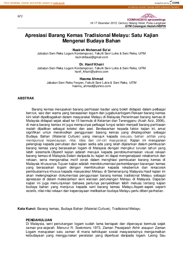 (PDF) Apresiasi barang kemas tradisional Melayu: satu kajian mengenai budaya bahan / Nazirah ...