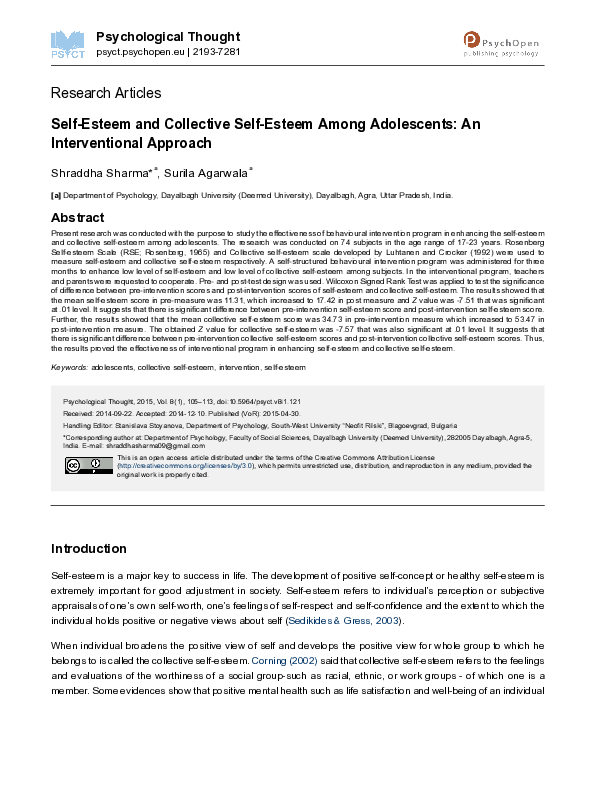 (PDF) Self-Esteem and Collective Self-Esteem Among Adolescents: An Interventional Approach