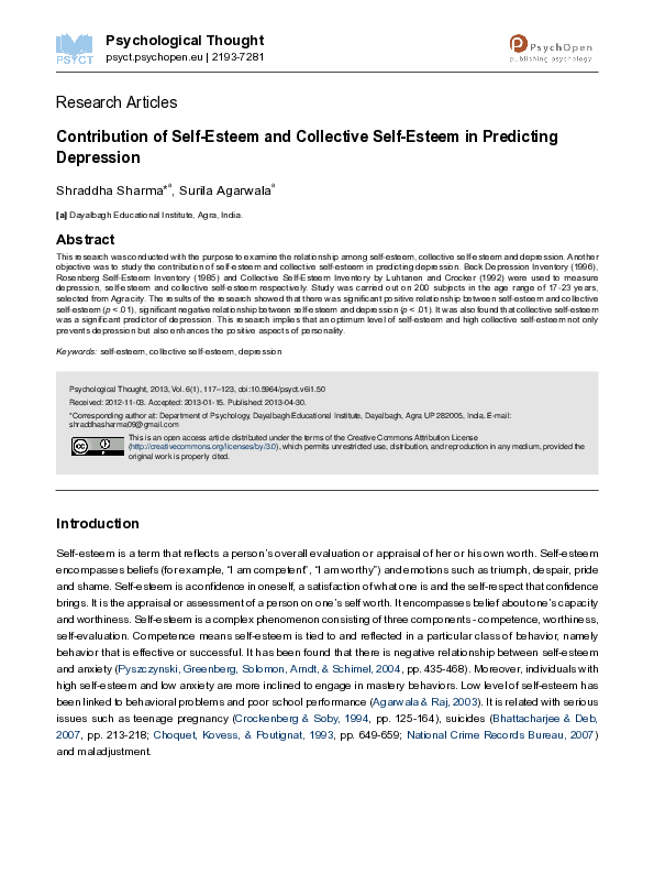 (PDF) Contribution of Self-Esteem and Collective Self-Esteem in Predicting Depression