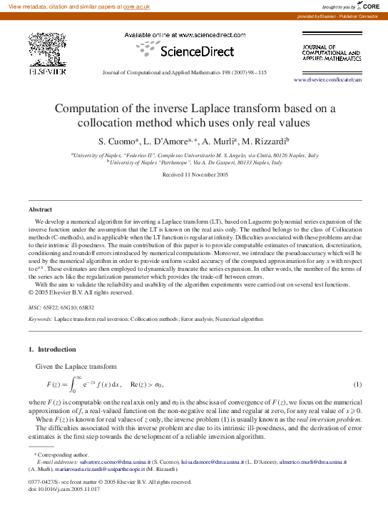 Pdf Computation Of The Inverse Laplace Transform Based On A