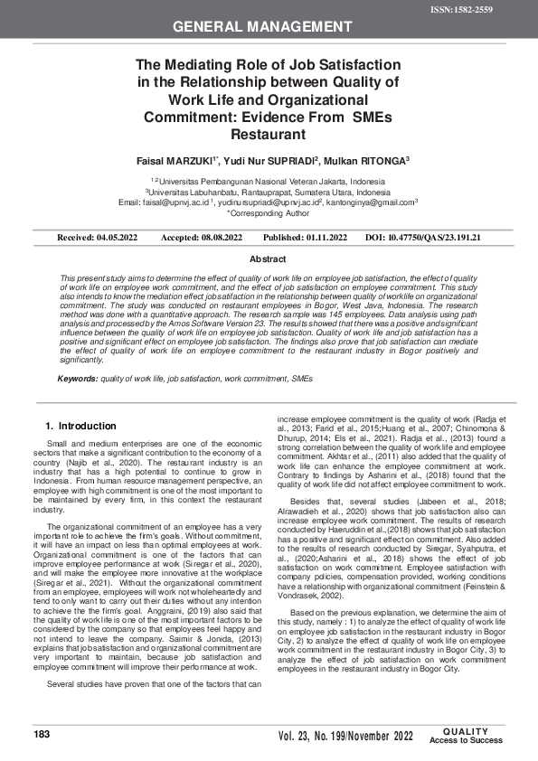 Pdf The Mediating Role Of Job Satisfaction In The Relationship Between Quality Of Work Life