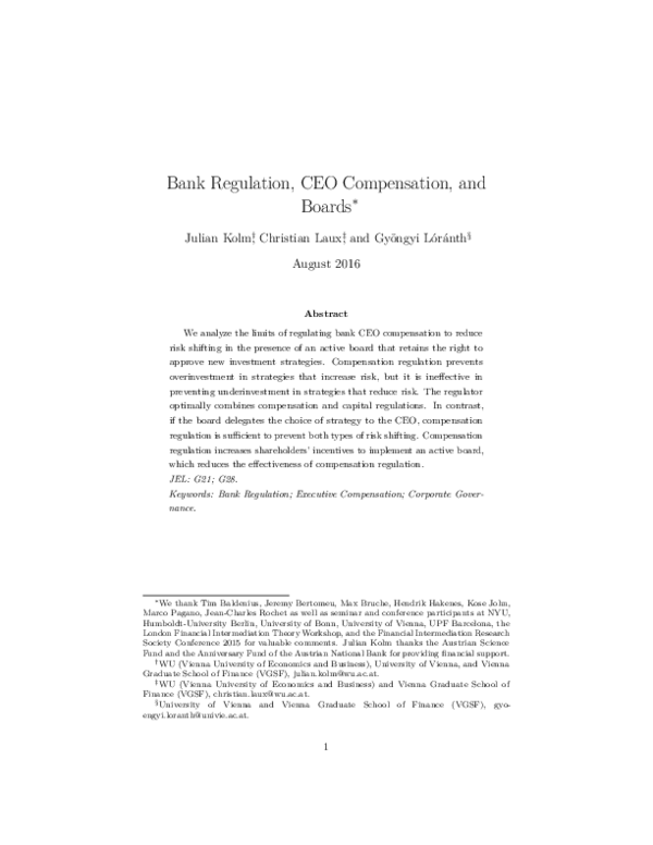 (PDF) Bank Regulation, CEO Compensation, and Boards