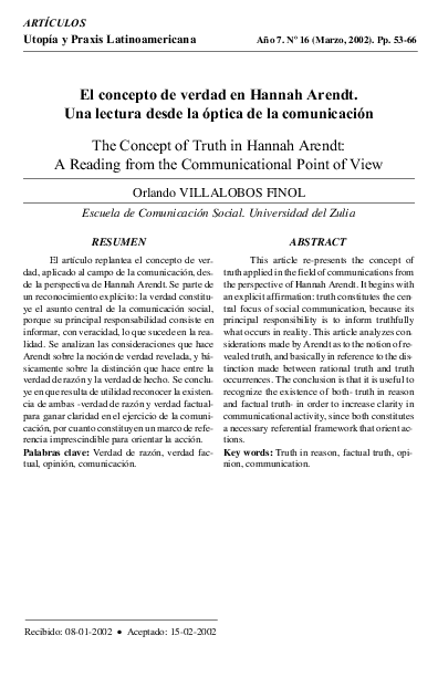 (PDF) El concepto de Verdad en Hannah Arendat: una lectura desde la óptica de la comunicación