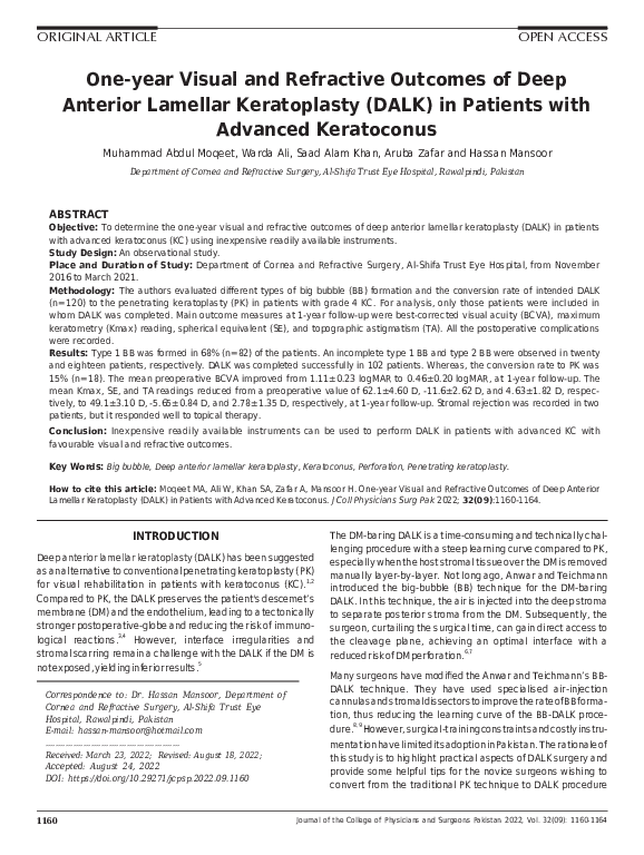 (PDF) One-year Visual and Refractive Outcomes of Deep Anterior Lamellar ...