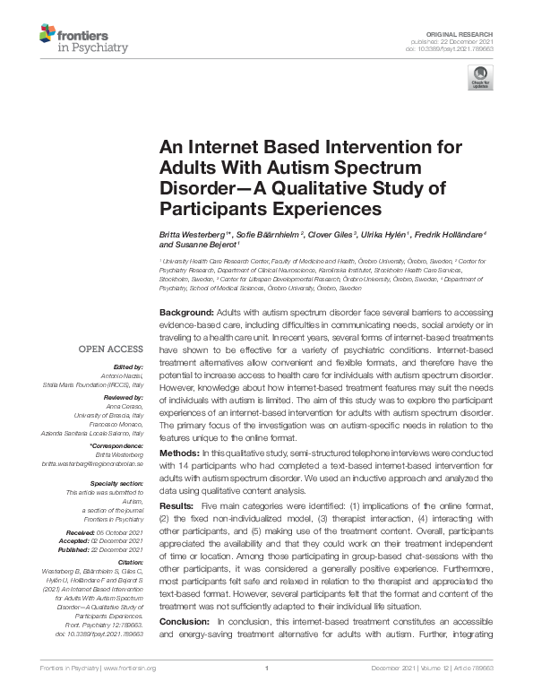 (PDF) An Internet Based Intervention for Adults With Autism Spectrum Disorder—A Qualitative ...