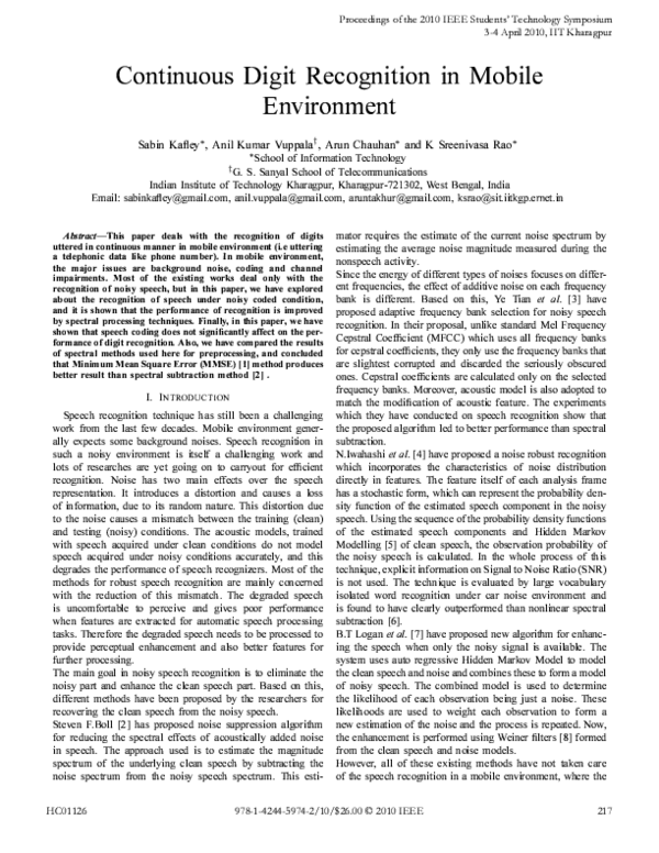 (PDF) Continuous digit recognition in mobile environment | Arun Chauhan - Academia.edu