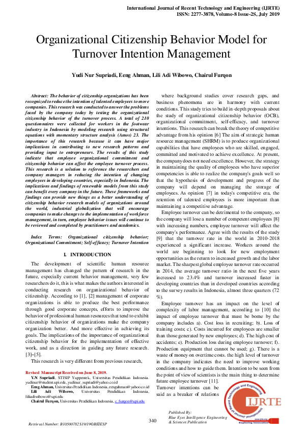 (PDF) Organizational Citizenship Behavior Model for Turnover Intention Management