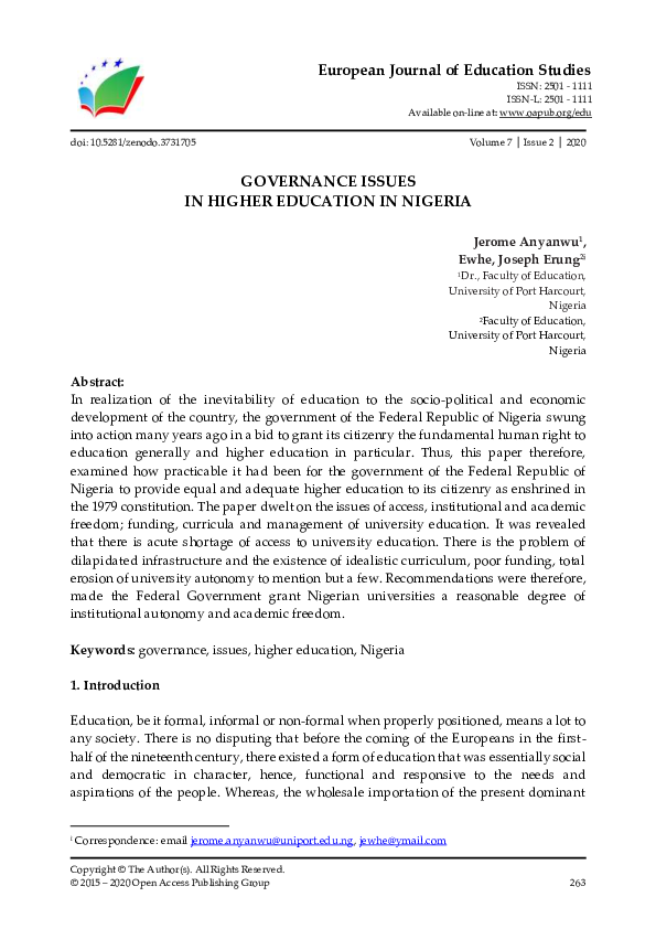 (PDF) Governance Issues in Higher Education in Nigeria