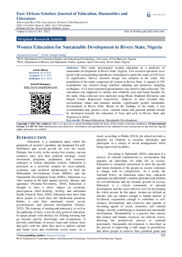 (PDF) Women Education for Sustainable Development in Rivers State, Nigeria