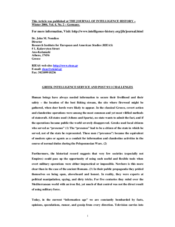 (PDF) The Greek Intelligence Service and Post-9/11 Challenges