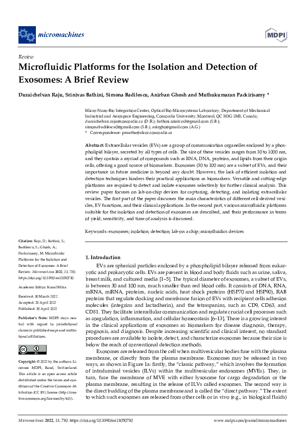 (PDF) Microfluidic Platforms for the Isolation and Detection of Exosomes: A Brief Review