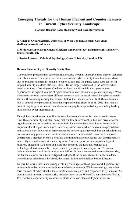 (PDF) Emerging Threats for the Human Element and Countermeasures in ...