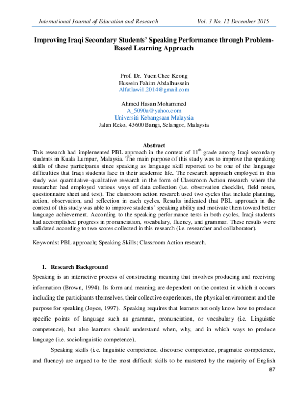 (PDF) Improving Iraqi Secondary Students’ Speaking Performance through Problem- Based Learning ...