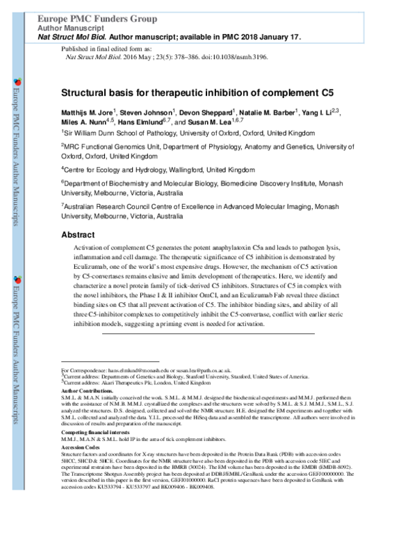 (PDF) Structural basis for therapeutic inhibition of complement C5