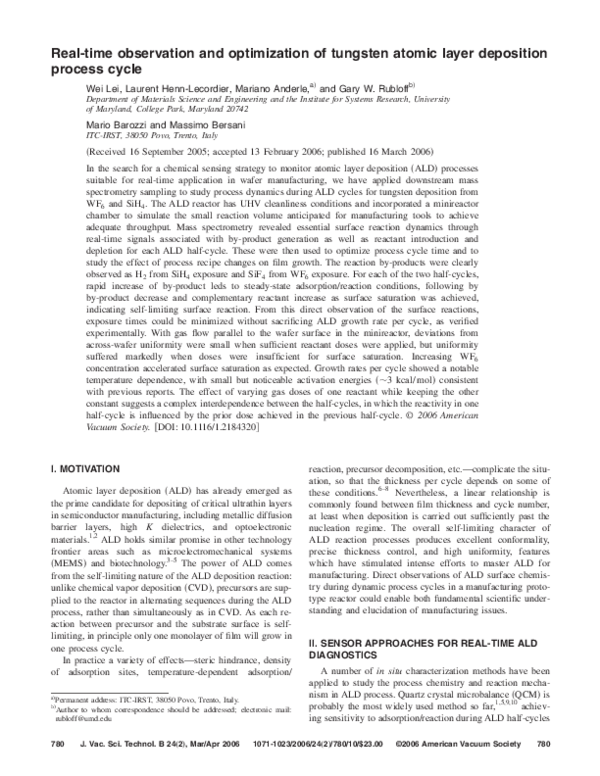 Pdf Real Time Observation And Optimization Of Tungsten Atomic Layer Deposition Process Cycle
