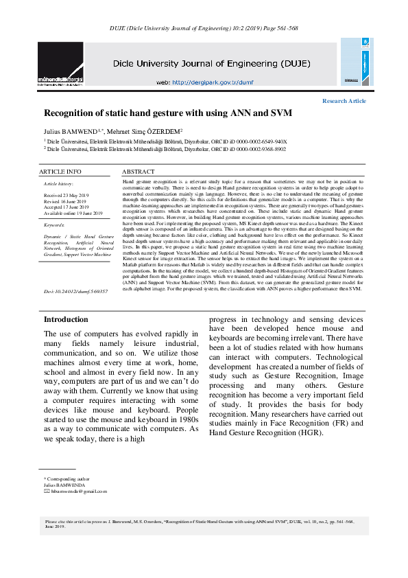 (PDF) Recognition of static hand gesture with using ANN and SVM