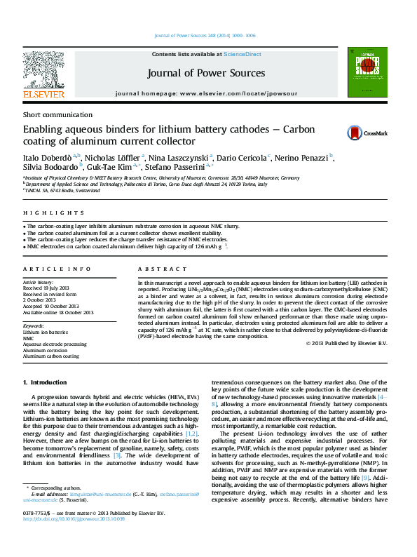 (PDF) Enabling aqueous binders for lithium battery cathodes – Carbon ...