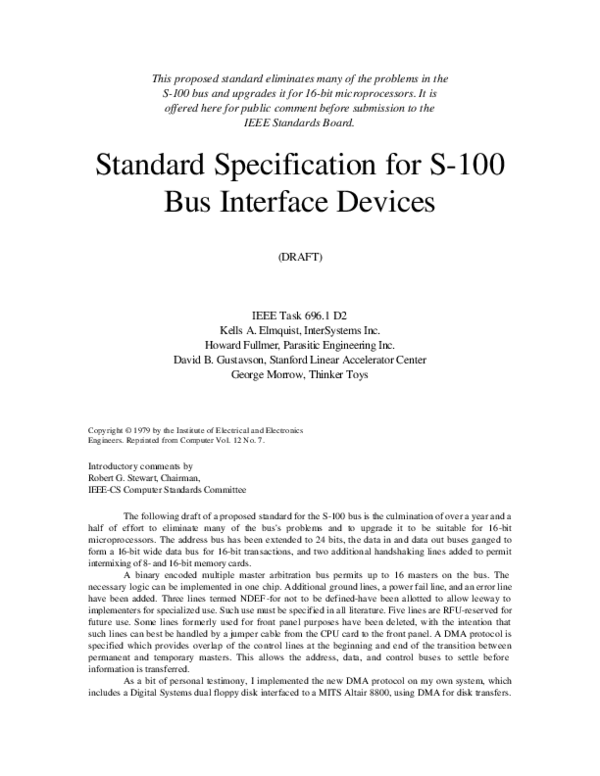 (PDF) Standard Specification for S-100 Bus Interface Devices | Kells ...