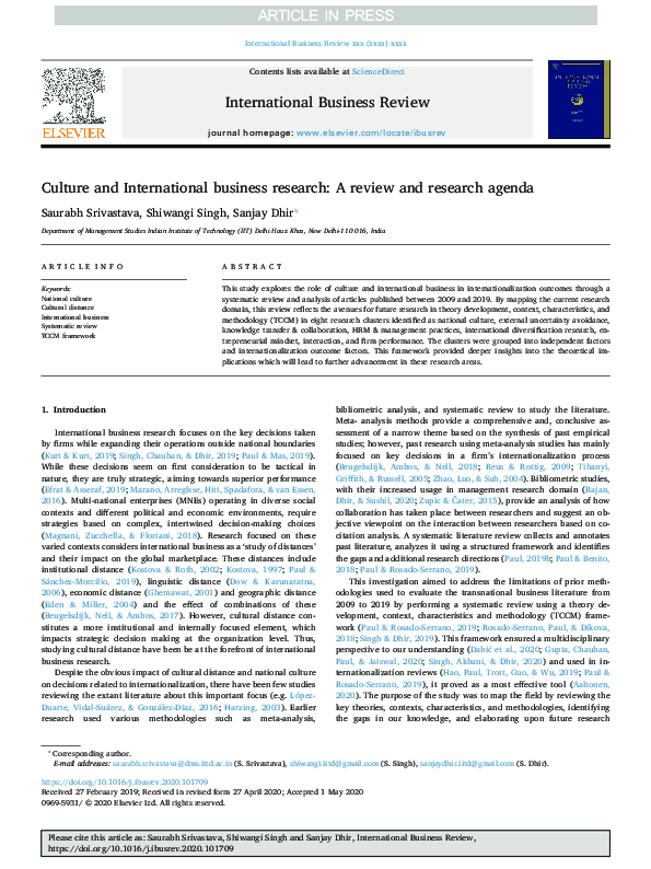 (PDF) Culture and International business research: A review and ...