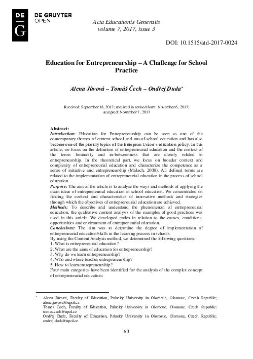 (PDF) Education for Entrepreneurship – A Challenge for School Practice