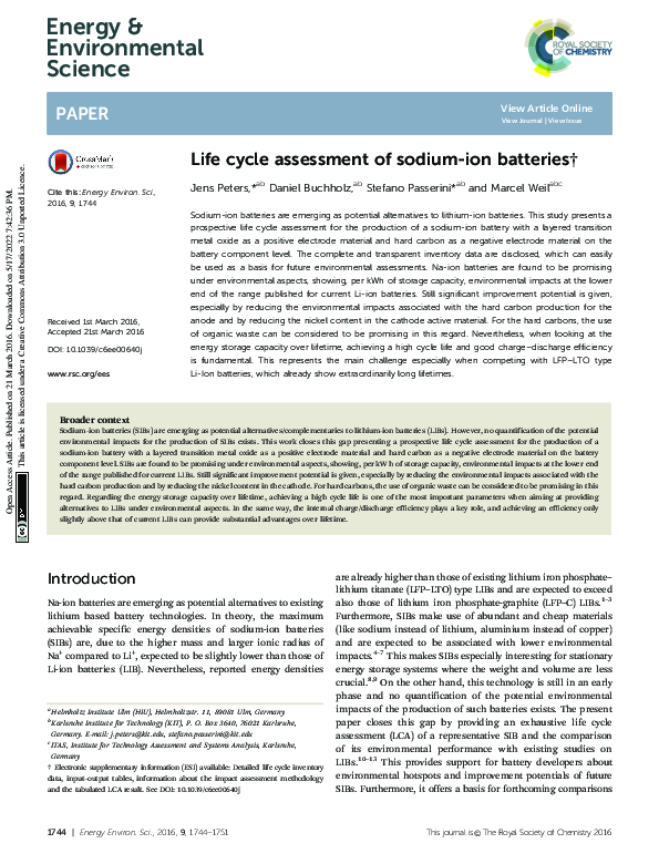 (PDF) Life cycle assessment of sodium-ion batteries