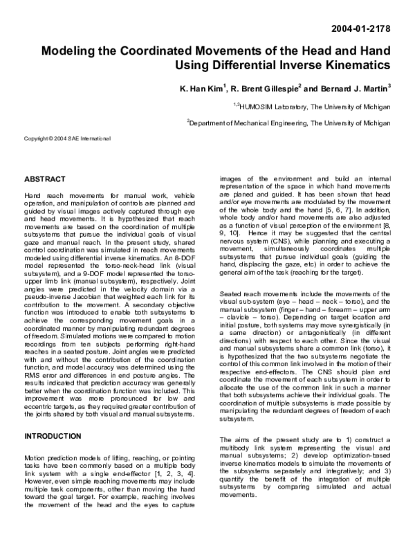 (PDF) Modeling the Coordinated Movements of the Head and Hand Using Differential Inverse Kinematics
